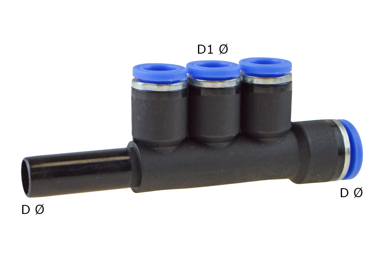 T-Mehrfachverteiler mit Stecknippel und 3 reduzierten Abgängen, Standard