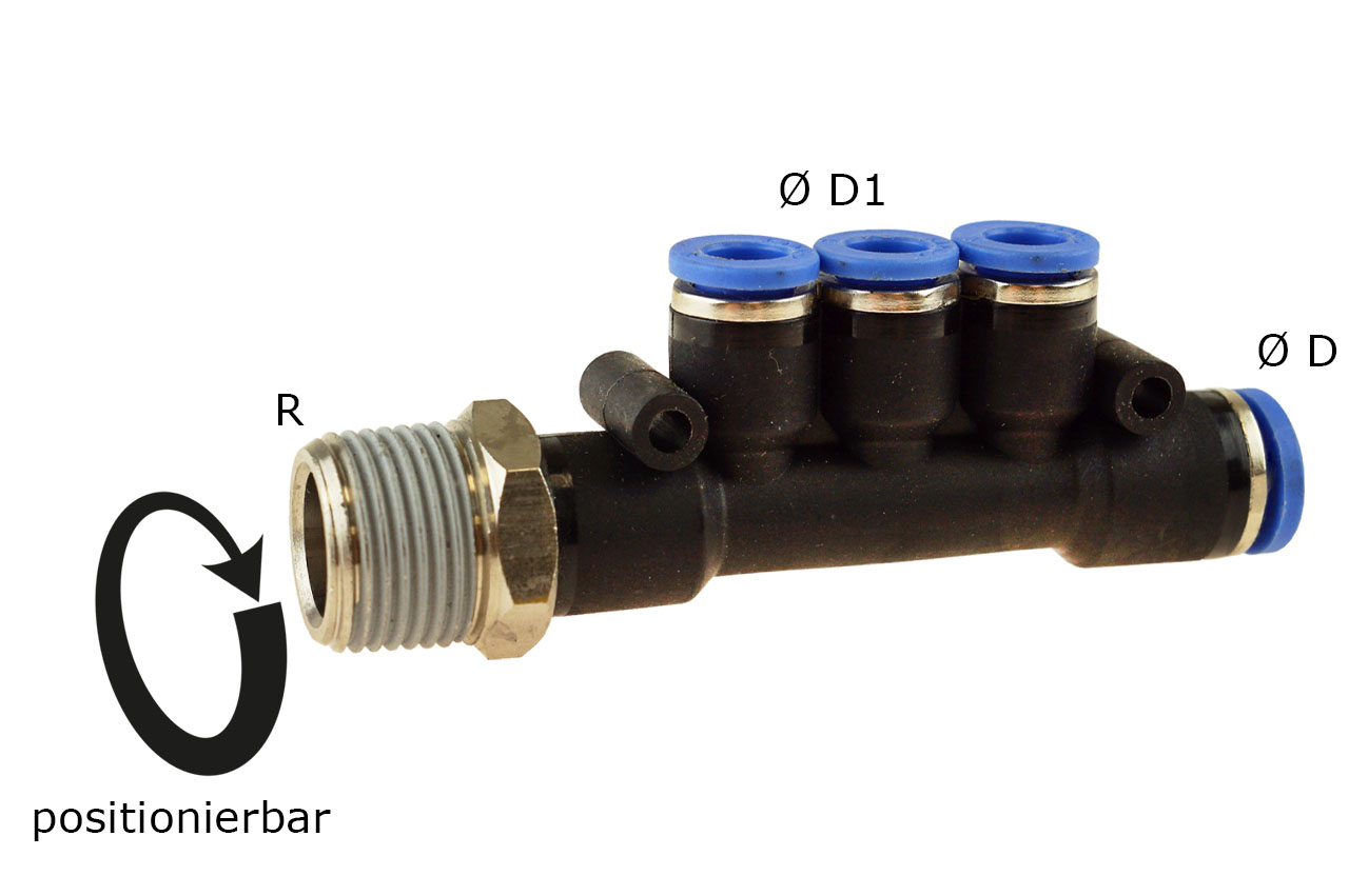 T-Mehrfachverteiler mit Außengewinde und 3 reduzierten Abgängen, Standard